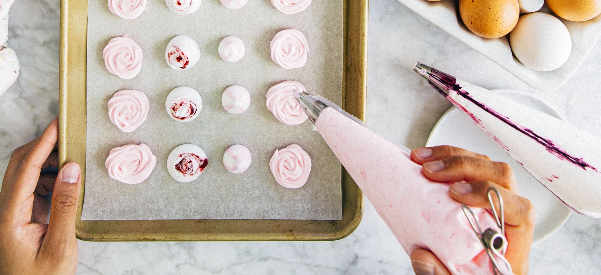 Raspberry, Rose, and Mint Striped Meringues | Louisiana Egg Commission